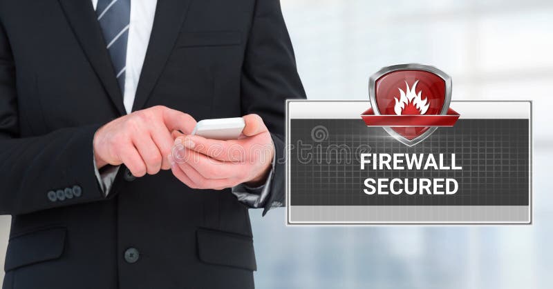 Firewall Secured Text with Shield Icon and Man Using Phone Stock Image ...