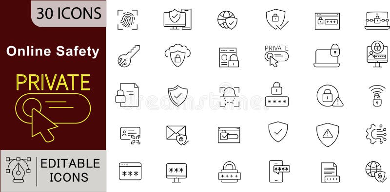 Online Safety and Privacy Editable Line Icons Set for Data Security ...