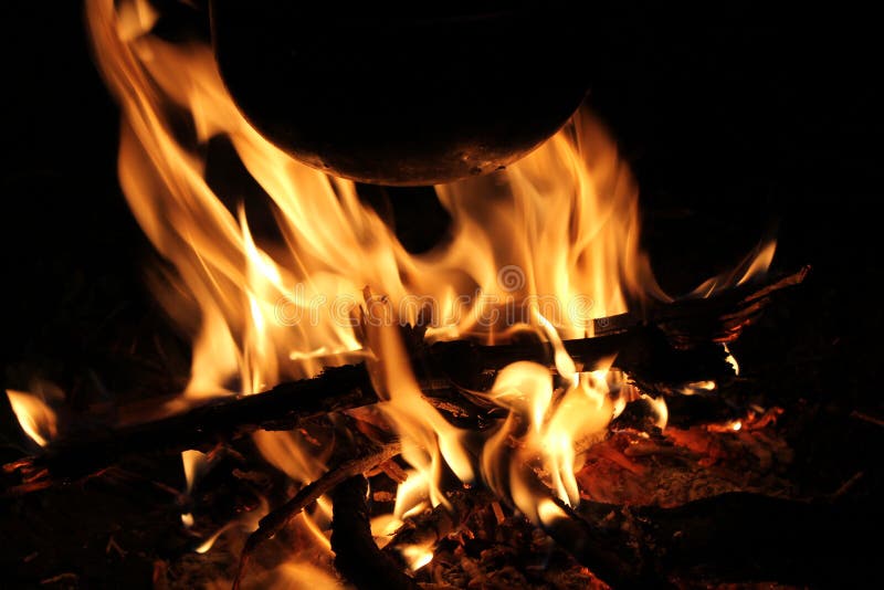 Firewood is Burning and Bottom of Kettle Stock Image - Image of field ...