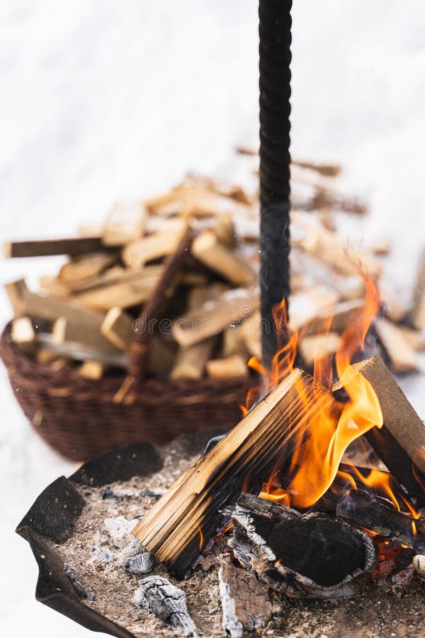 Firewood Burning Inside the Fire-pit during Cold Winter Day Stock Photo ...