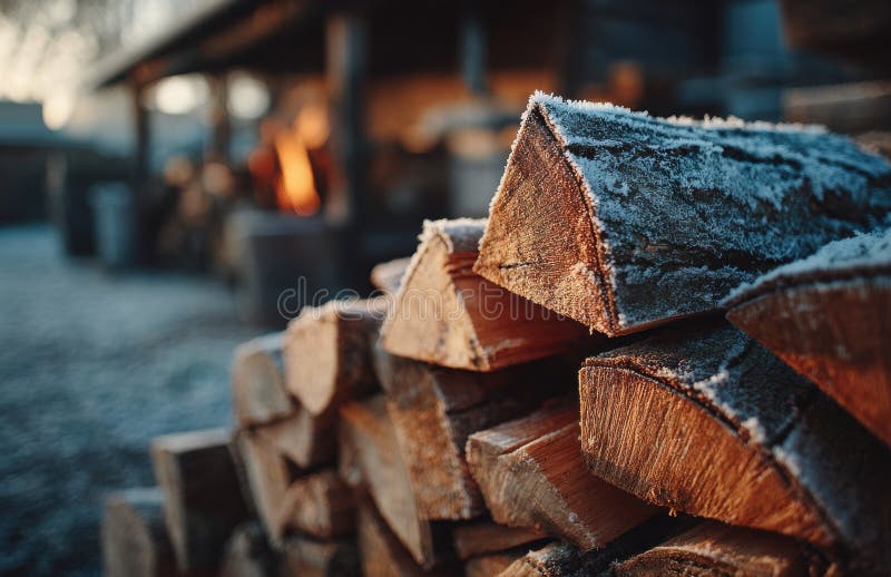 Firewood Covered with Frost Near Burning Fire Pit in Winter Stock Image ...