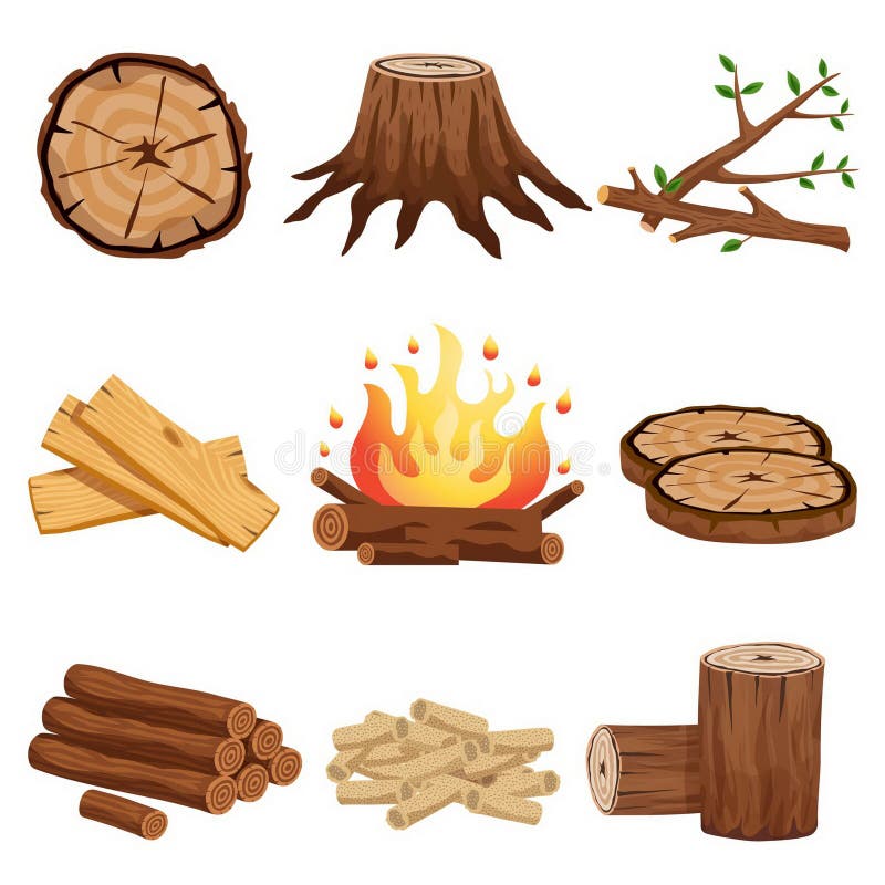 Firewood Flat Elements Collection with Tree Stump Branches Cut Logs ...
