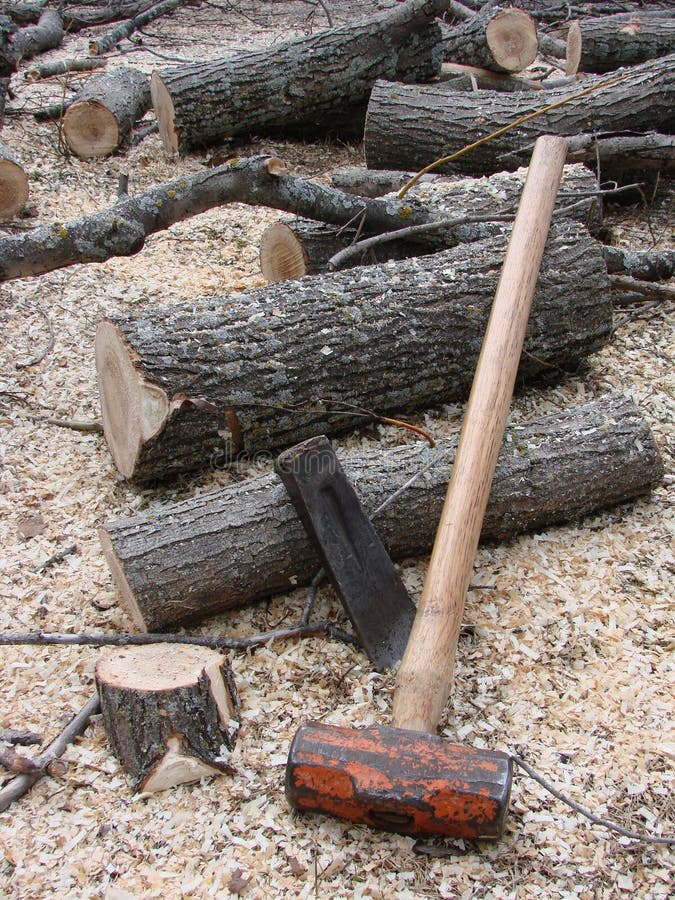 Firewood and Hand Splitting Tools Stock Photo - Image of wedge, sledge ...