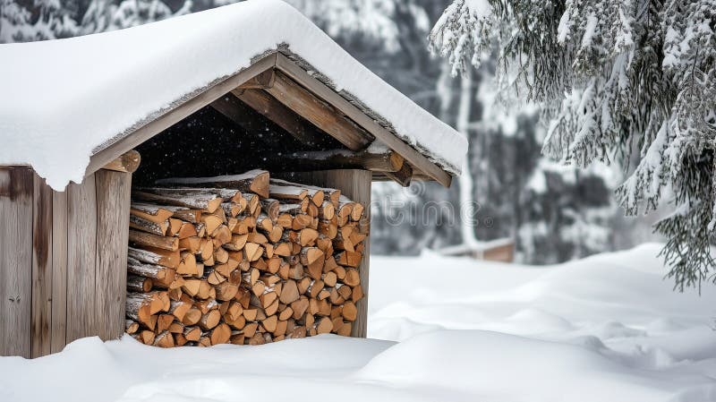 Firewood Stack Covered in Deep Snow by Wooden Structure Stock Photo ...