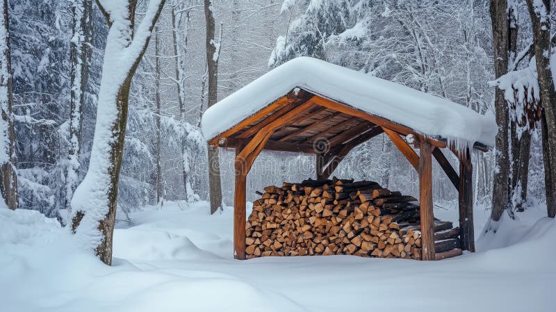 Firewood Stack Covered in Deep Snow by Wooden Structure Stock Photo ...