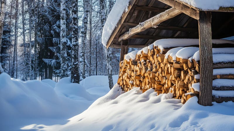 Firewood Stack Covered in Deep Snow by Wooden Structure Stock Photo ...