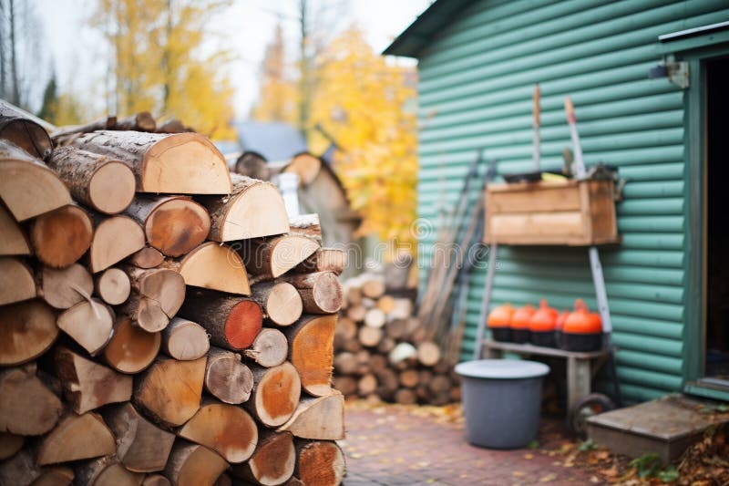 Firewood Stack by Rustic Wooden Shed Stock Photo - Image of rustic ...