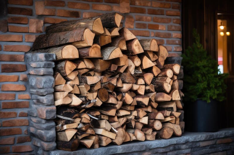 Firewood Stacked beside the Brick Fireplace Stock Photo - Image of ...