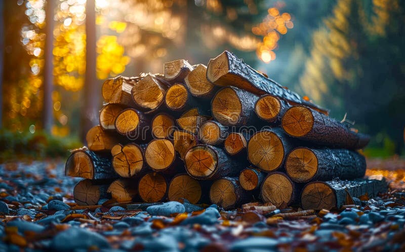 Firewood Stacked in the Forest. Stacked Pile of Firewood Timber Stock ...