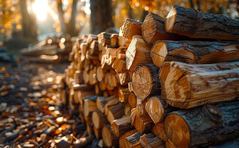 Firewood Stacked in the Forest. Stacked Pile of Firewood Timber Stock ...