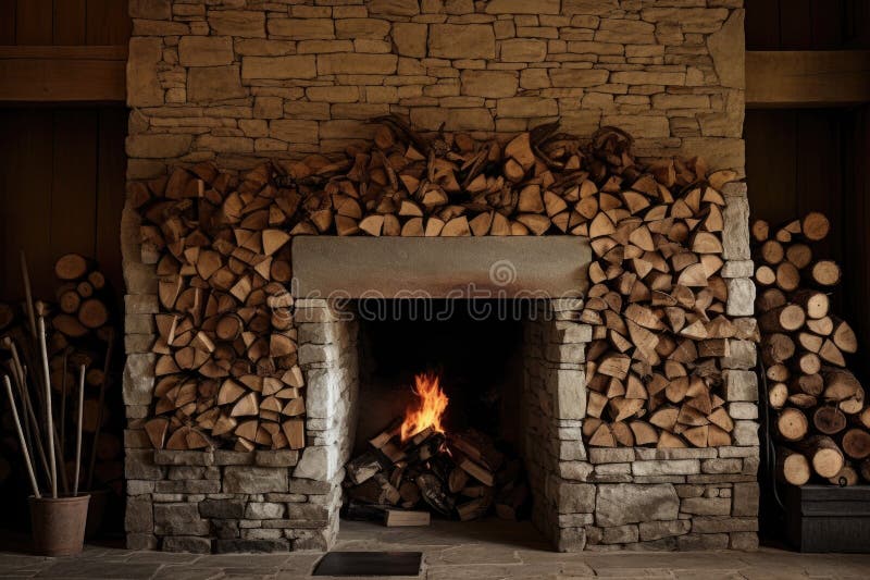 Firewood Stacked Neatly beside a Stone Fireplace Stock Image - Image of ...