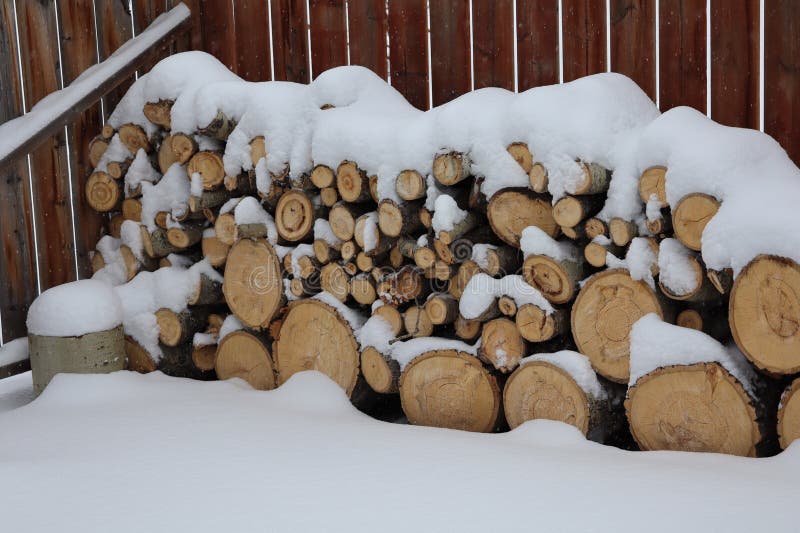 Firewood, Stacked and Snow Covered in Winter. Stock Photo - Image of ...