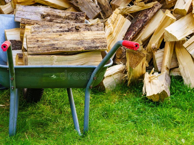 Firewood and wheelbarrow stock image. Image of outside - 233443709