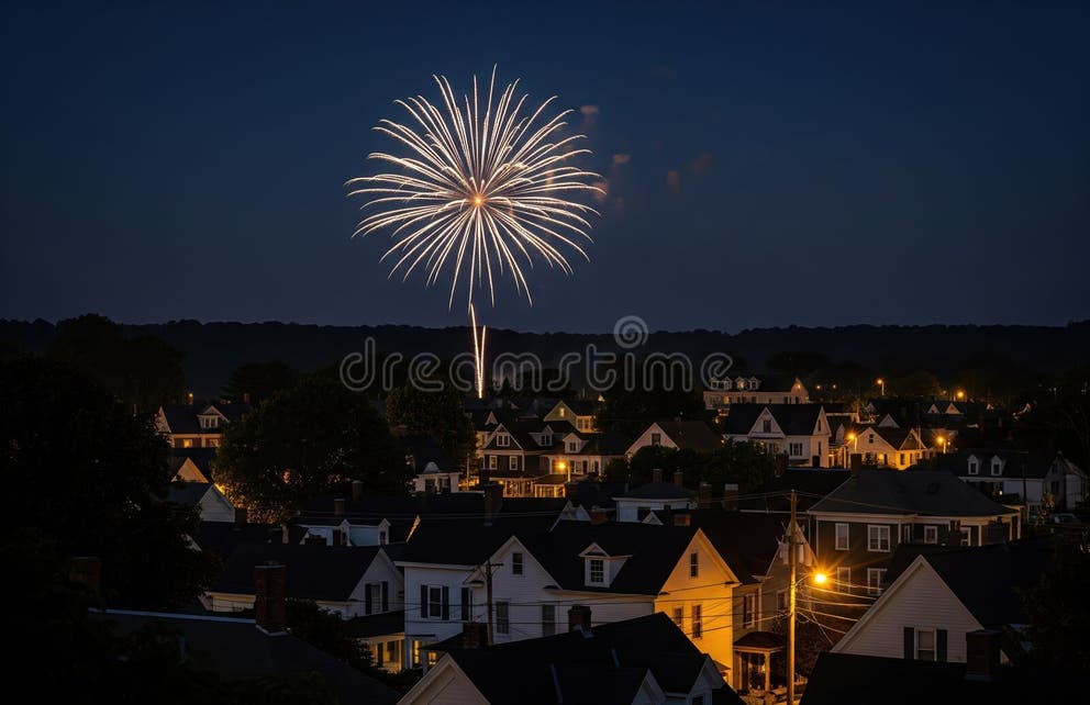 Colorful Firework Exploding Over a Sleeping Suburb on July 4th ...