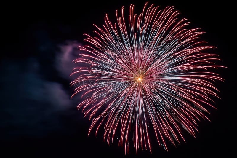 Close-up of Firework Exploding in Red and White Against Dark Sky Stock ...