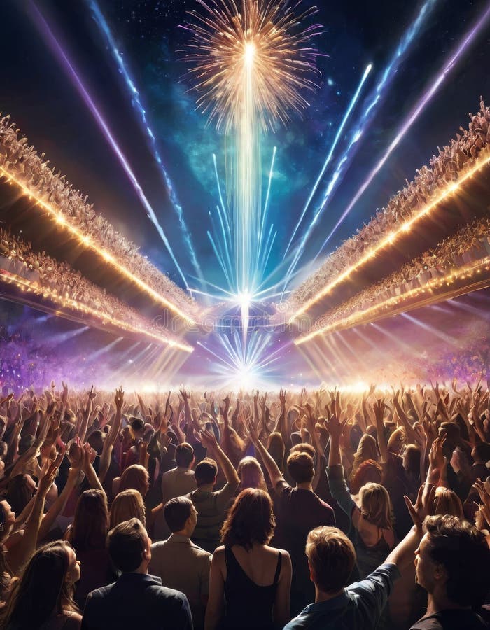 Firework Celebration Above Concert Crowd Stock Photo - Image of ...
