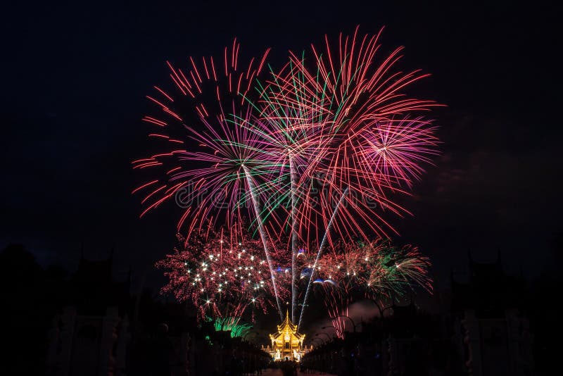 Firework Fireworks Celebration Gold Red Purple Blasts Tree Stock Image ...