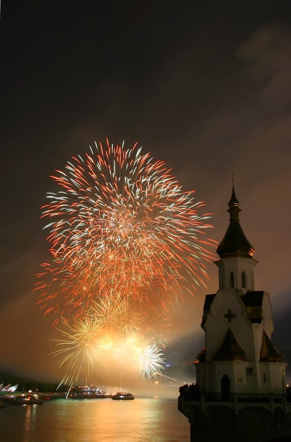 Firework and Church on River Stock Image - Image of night, fire: 5512389