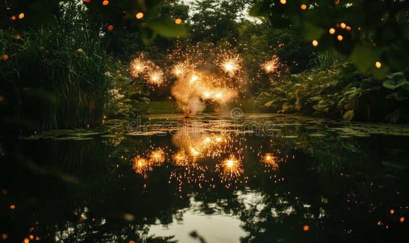 A Firework Display is Lit Up in a Pond Stock Photo - Image of bright ...