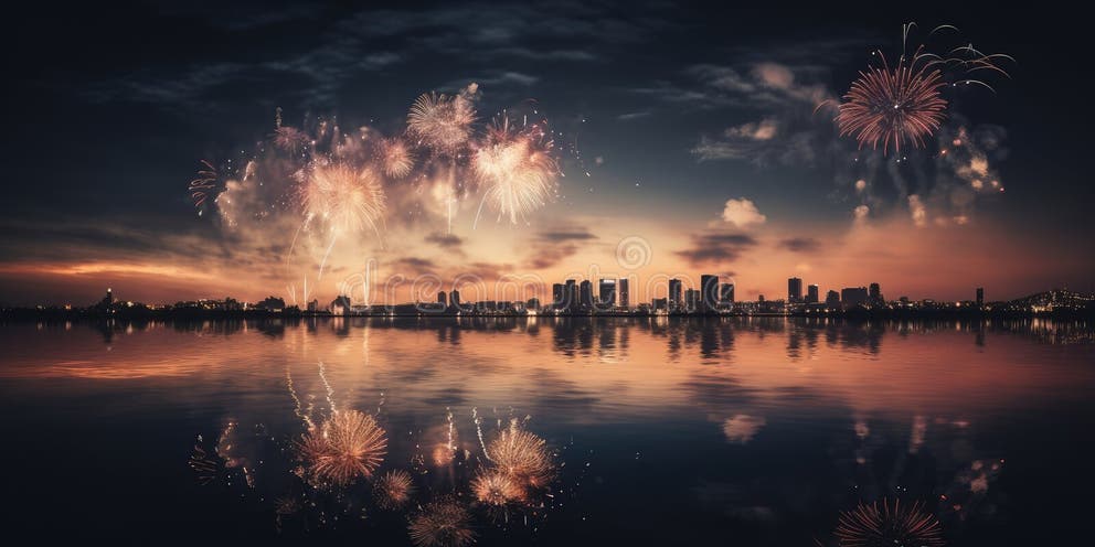 Firework Explode Over City Skyline at Night Stock Illustration ...
