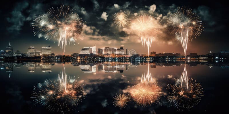 Firework Explode Over City Skyline at Night Stock Illustration ...