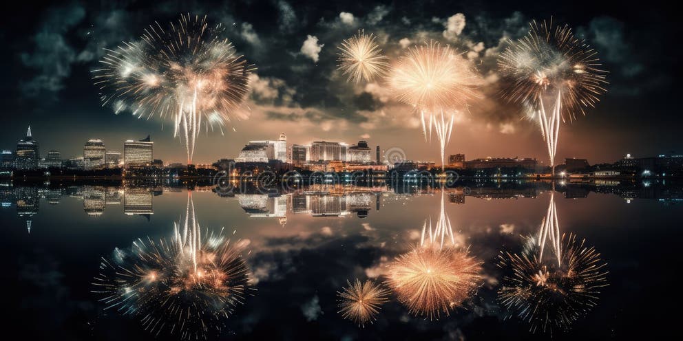 Firework Explode Over City Skyline at Night Stock Illustration ...