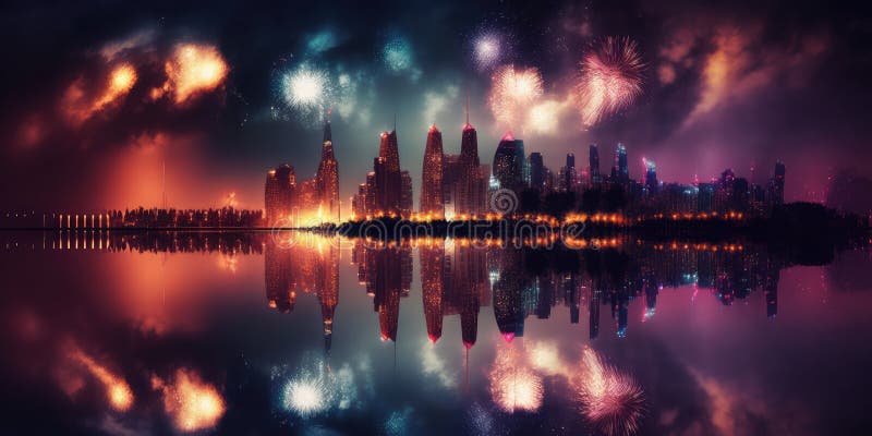 Firework Explode Over City Skyline at Night Stock Illustration ...