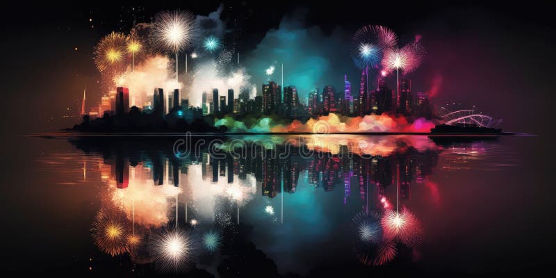 Firework Explode Over City Skyline at Night Stock Illustration ...