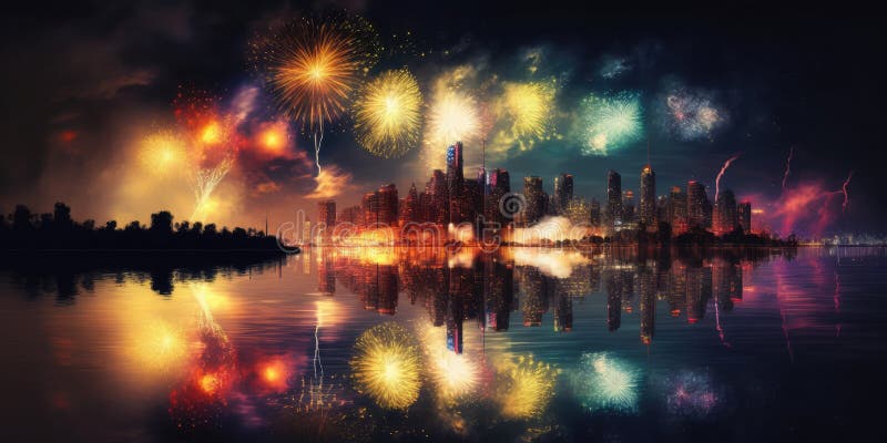 Firework Explode Over City Skyline at Night Stock Illustration ...