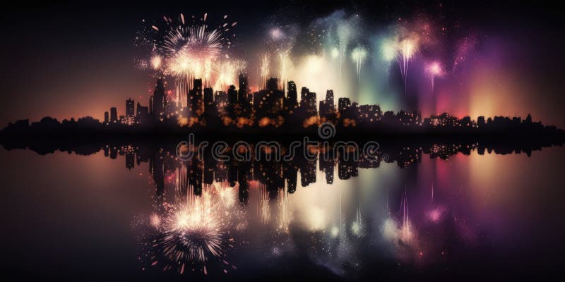 Firework Explode Over City Skyline at Night Stock Illustration ...