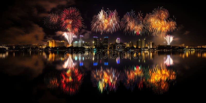 Firework Explode Over City Skyline at Night Stock Illustration ...