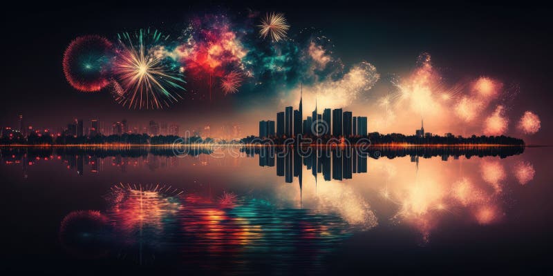 Firework Explode Over City Skyline at Night Stock Illustration ...