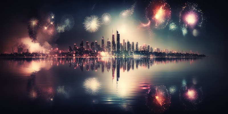 Firework Explode Over City Skyline at Night Stock Illustration ...