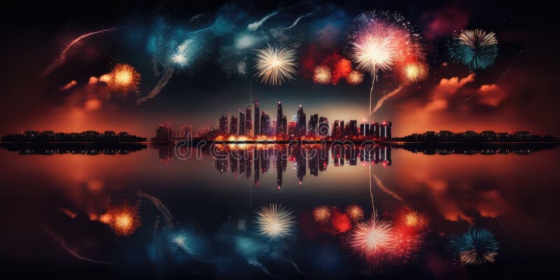 Firework Explode Over City Skyline at Night Stock Illustration ...
