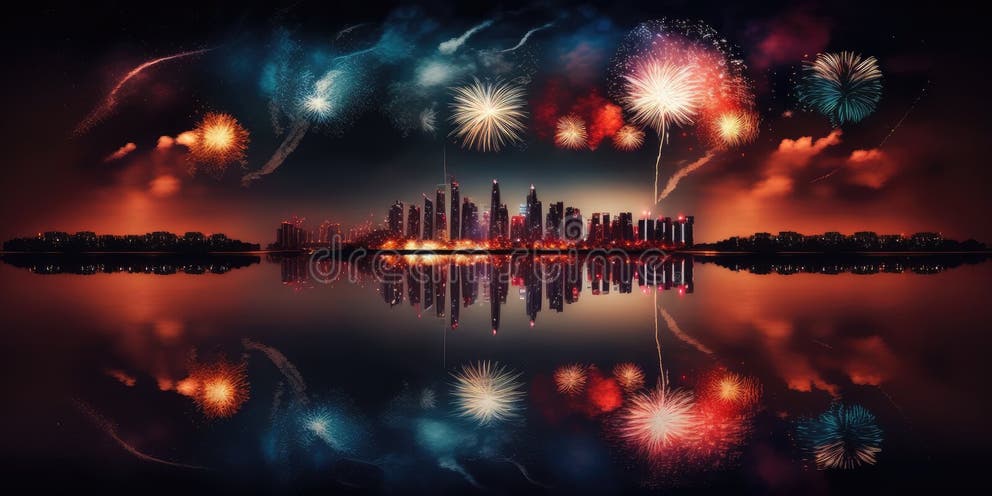Firework Explode Over City Skyline at Night Stock Illustration ...