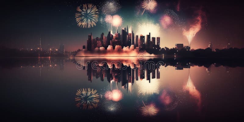 Firework Explode Over City Skyline at Night Stock Illustration ...