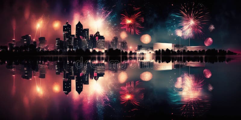 Firework Explode Over City Skyline at Night Stock Illustration ...