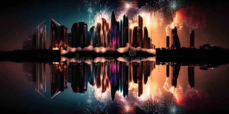 Firework Explode Over City Skyline at Night Stock Illustration ...