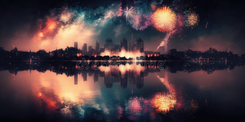 Firework Explode Over City Skyline at Night Stock Illustration ...