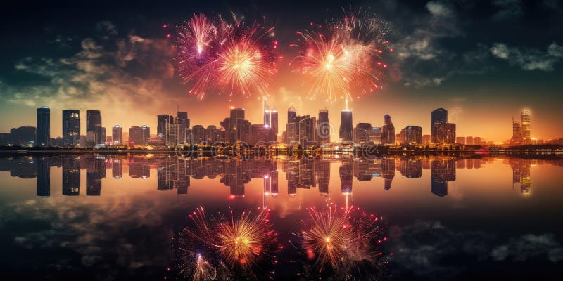 Firework Explode Over City Skyline at Night Stock Illustration ...
