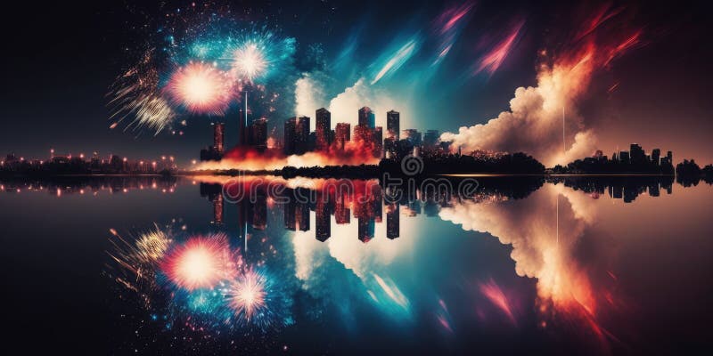Firework Explode Over City Skyline at Night Stock Illustration ...