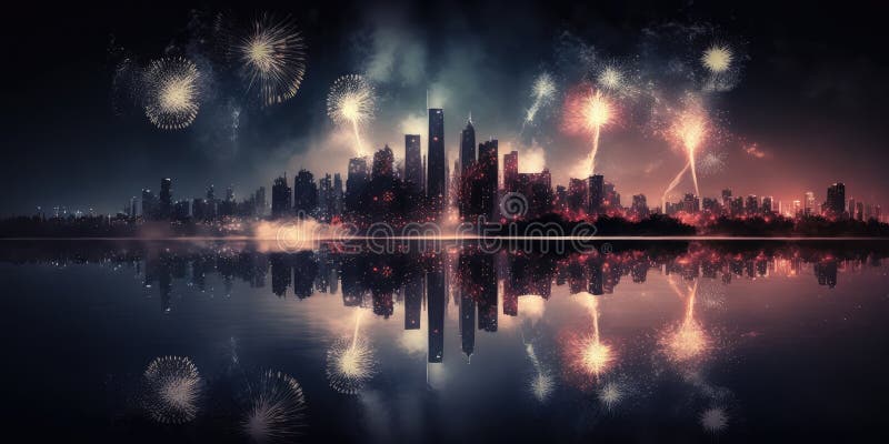 Firework Explode Over City Skyline at Night Stock Illustration ...