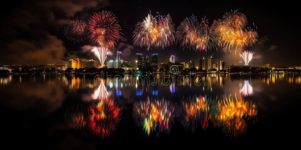 Firework Explode Over City Skyline at Night Stock Photo - Image of ...