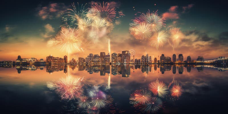 Firework Explode Over City Skyline at Night Stock Illustration ...