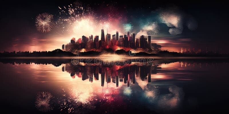 Firework Explode Over City Skyline at Night Stock Illustration ...
