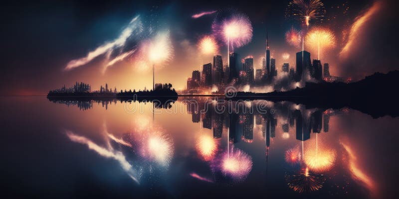 Firework Explode Over City Skyline at Night Stock Illustration ...