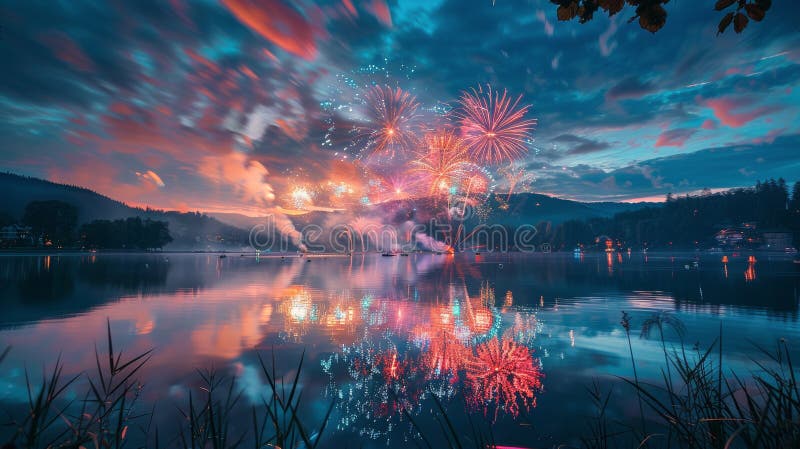 Firework Exploding Over Lake Stock Image - Image of dark, outdoor ...