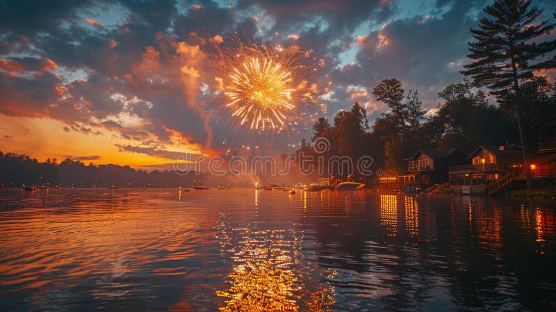 Firework Exploding Over Lake Stock Image - Image of reflection, festive ...
