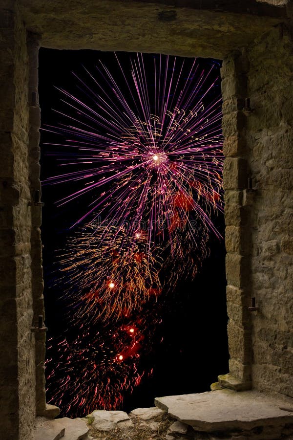Firework Framed Stone Window Stock Photo - Image of firework, flashes ...