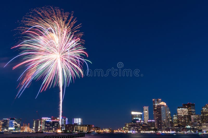 Firework Over the Cityscape of Boston Harbor at Night Editorial Stock ...